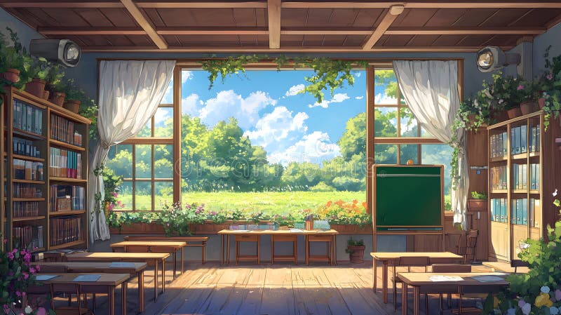 Bright and Peaceful Classroom Interior with Nature View Stock ...