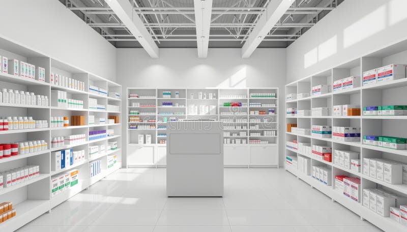 Bright Pharmacy Layout with Modular Shelves, Organized Products, and ...