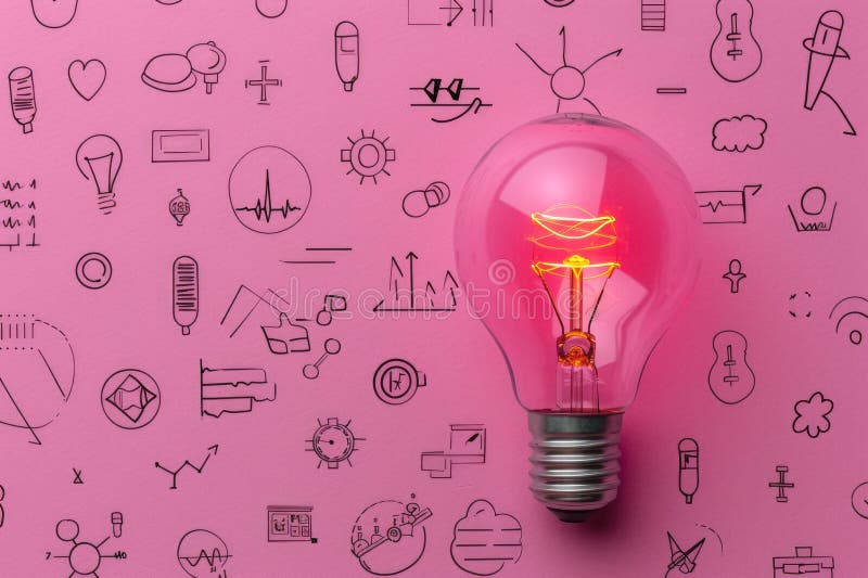 Bright Pink Background with Illuminated Light Bulb and Hand Drawn ...
