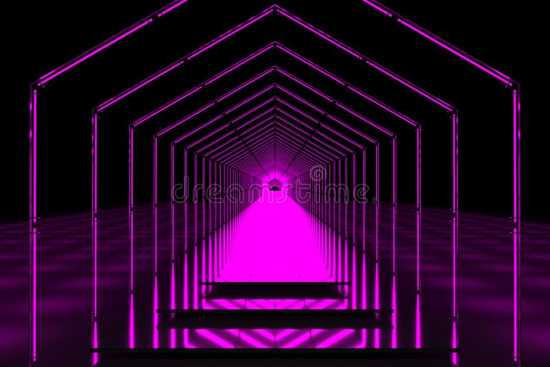 Bright Pink Dark Podium Portal with Neon Lights. 3d Render Stock ...