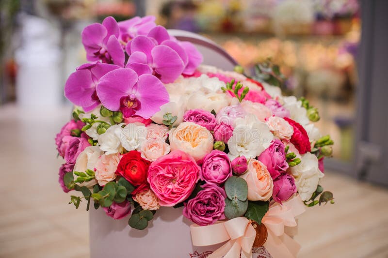Bright Pink Flower Bouquet in Round Box with Lid Stock Photo - Image of ...