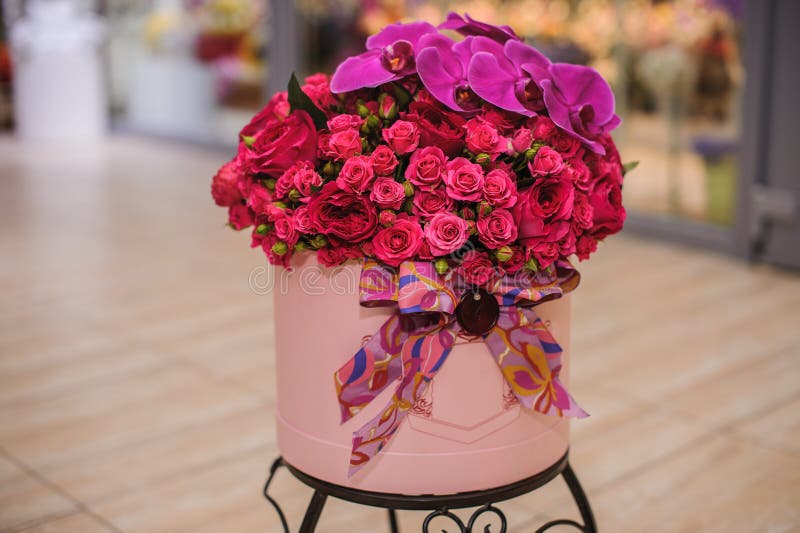 Bright Pink Flower Bouquet in Round Box with Lid Stock Photo - Image of ...