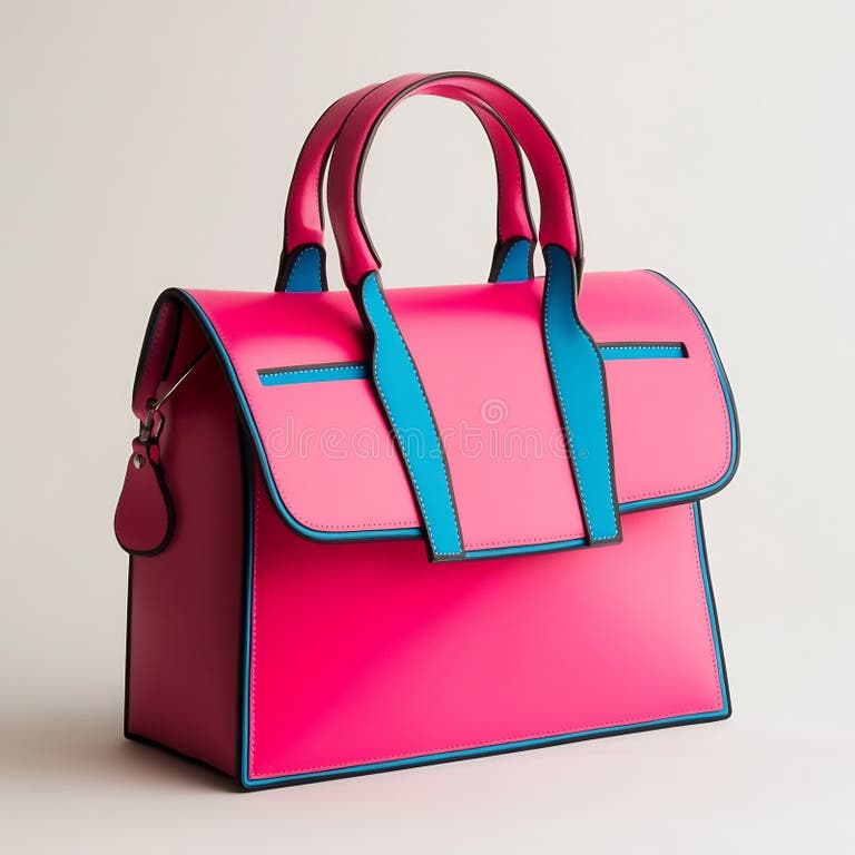 Bright Pink Handbag with Vibrant Blue Accents and Handles, Featuring a ...