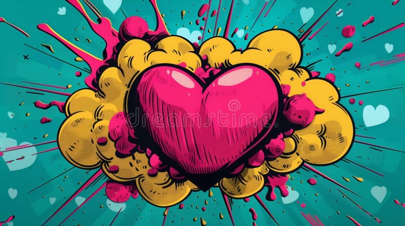 A Bright Pink Heart Explodes from a Yellow Cloud on a Teal Background ...