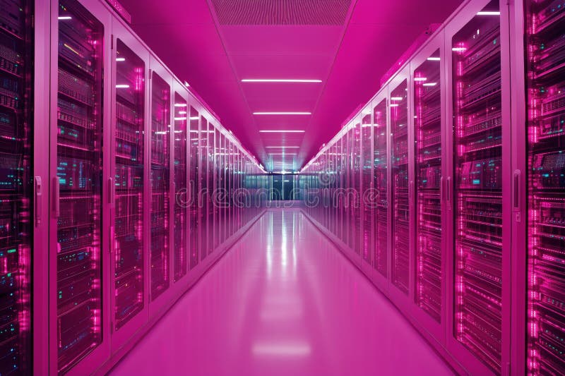 Illuminated Server Room with Blue Neon Lights and Data Racks Stock ...