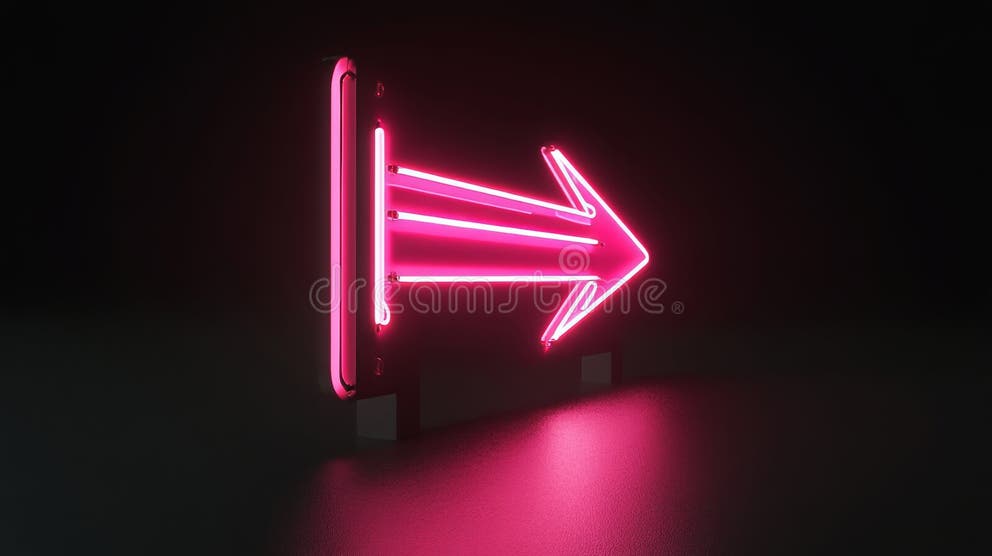 A Bright Pink Neon Arrow Points Left Against a Dark Background. Stock ...