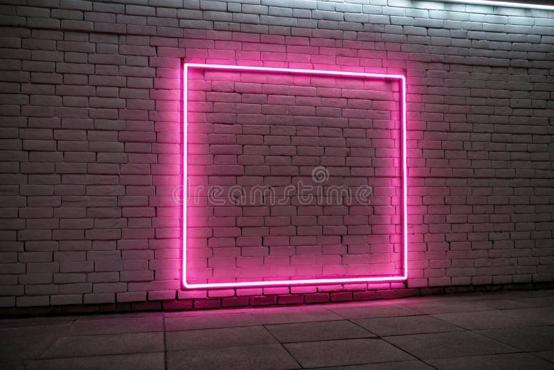 Bright Pink Neon Frame Glowing on Empty Brick Wall Background ...