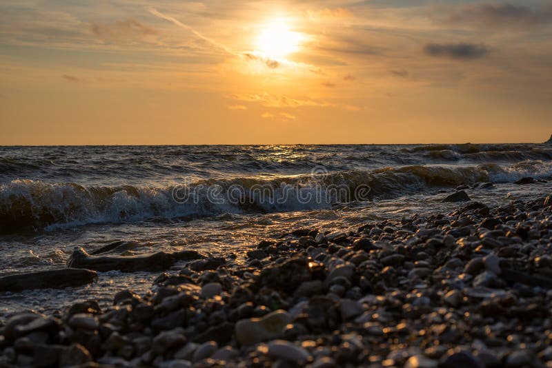 Bright Pink-orange Dawn Over Water Storm Wind with Waves Stock Image ...