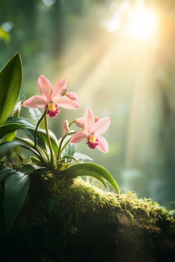 Bright Pink Orchids Thrive in a Lush Tropical Jungle, Illuminated by ...