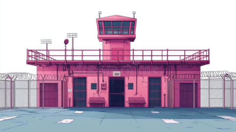 Bright Pink Prison Building with Observation Tower and Security ...