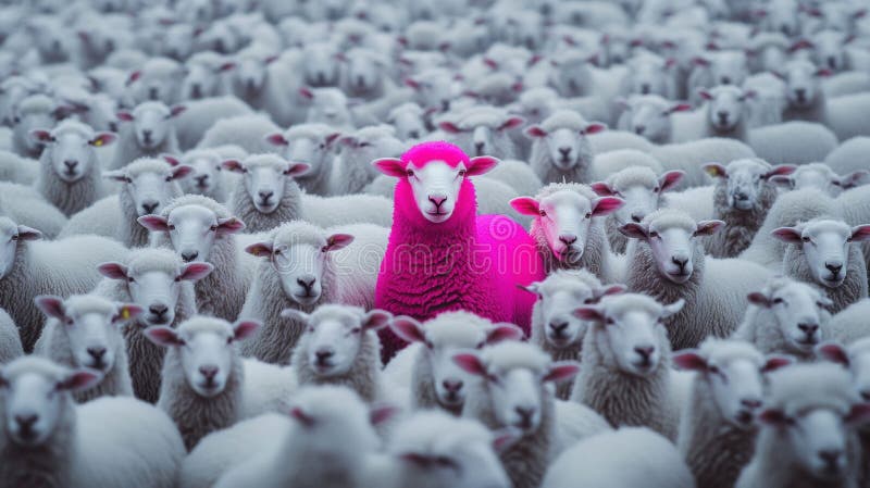 Bright Pink Sheep Standing Out in a Flock of White Sheep Stock ...