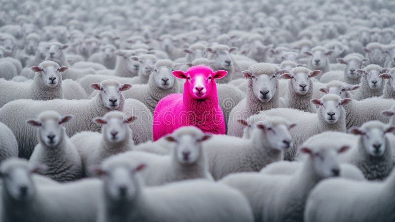 Bright Pink Sheep Standing Out in a Flock of White Sheep Stock ...