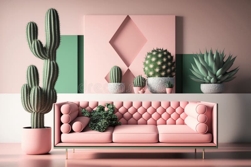 Bright Pink Sofa with Green Cacti Creating an Interesting Visual ...