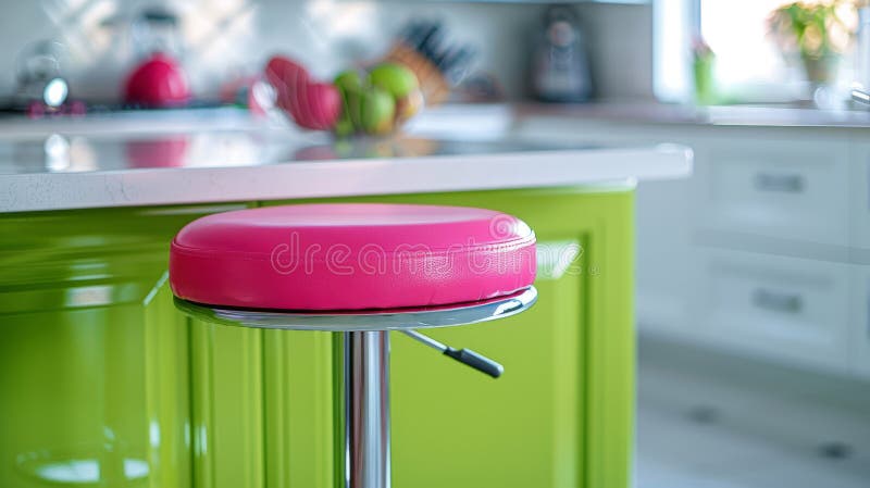 Bright Pink Stool in a Modern Green Kitchen. Stock Photo - Image of ...