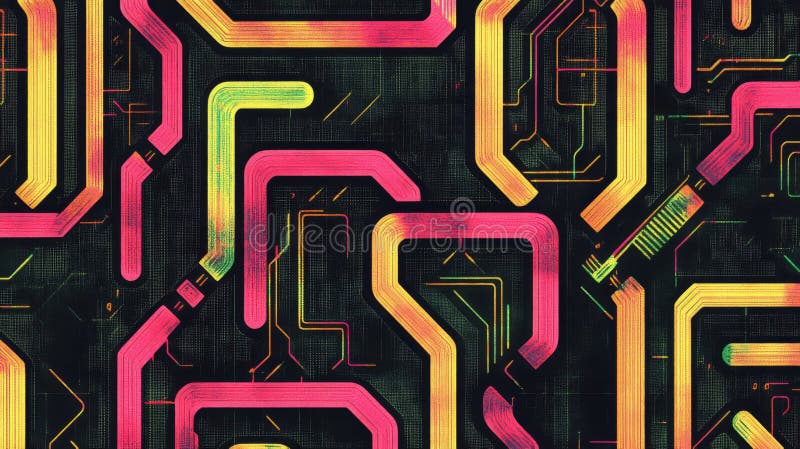 Bright Pink Yellow and Green Circuit Board Pattern on Dark Background ...