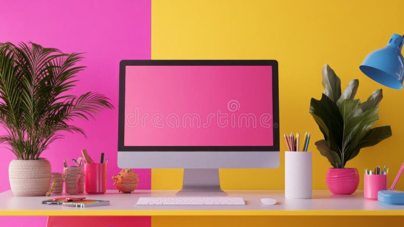 Bright Pink and Yellow Minimalist Workspace with Plants Stock ...