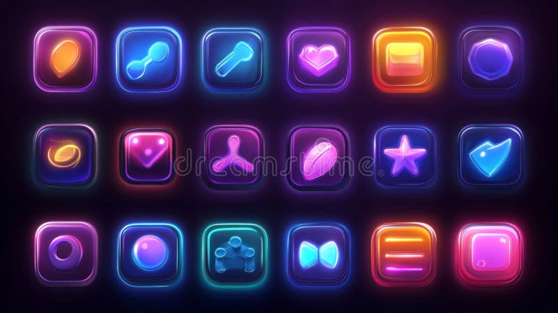 Bright Pixel Icons with Glowing Neon Edges on a Dark Background and ...