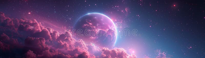 A Bright Planet Glows in the Sky, Surrounded by Pink Clouds Stock ...