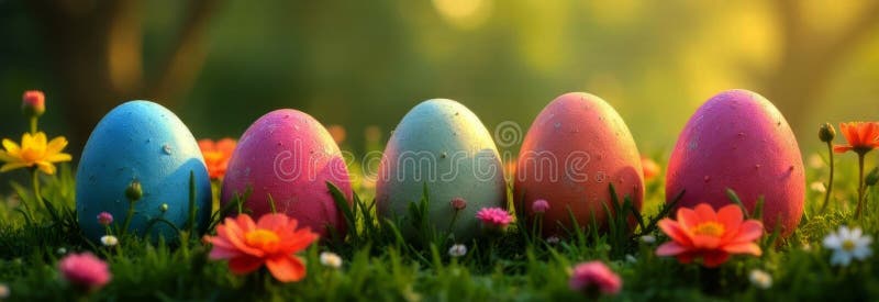 Bright, Playful Easter Banner with Array of Colorful Eggs Set Against Vivid Green Backdrop. this ...
