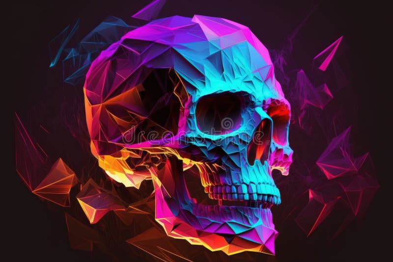 Bright Polygons Explode from a Neon Synthwave Skull Stock Illustration ...