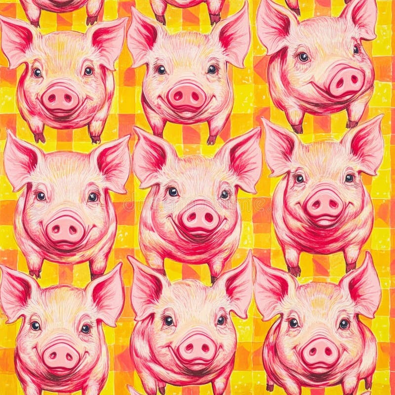Bright Pop Art Illustration of Pig Faces in a Pattern on Yellow ...