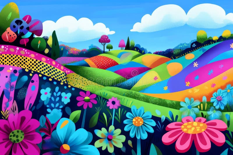 A Bright, Pop Art-style Countryside with Fields of Flowers in Vivid ... A Bright, Pop Art-style Countryside with Fields of Flowers in Vivid ...