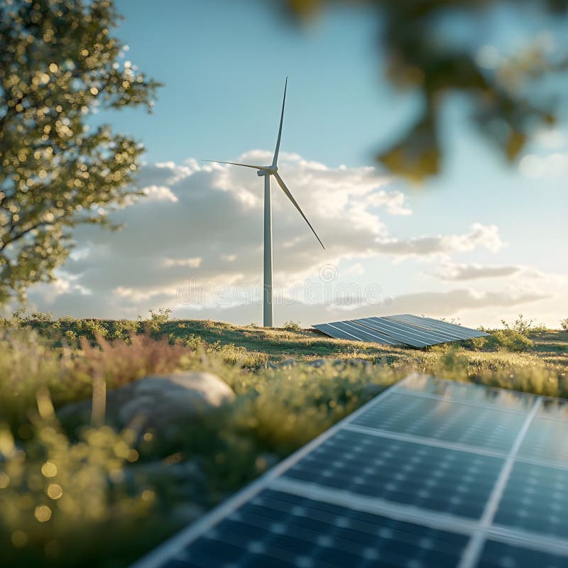 A Bright, Powerful Image Showcasing a Wind Turbine, with Solar Panels ...