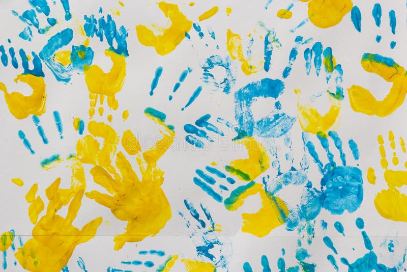 Bright Prints of Children`s Hands from Paint on the Wall, Background ...