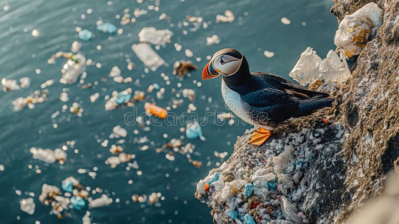 Bright Puffin on Rocky Cliff, Plastic and Chemical Waste in Water ...