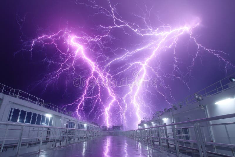 A Purple Sky with a Lightning Bolt Over the Ocean Stock Photo - Image ...