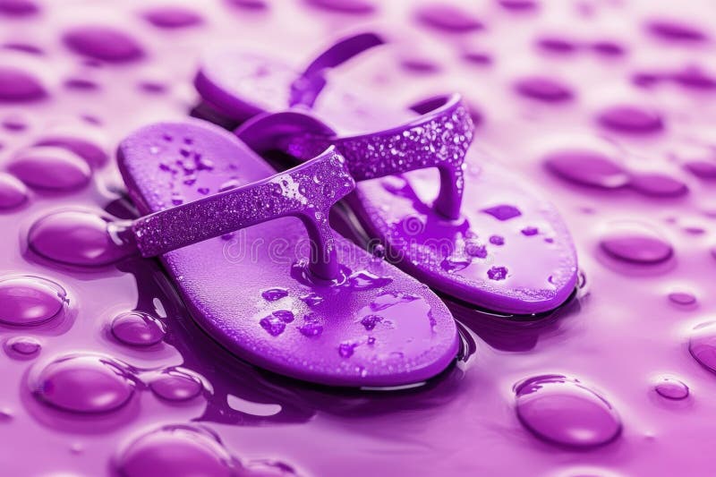 Bright Purple Sandals Resting on a Glossy Surface with Water Droplets ...