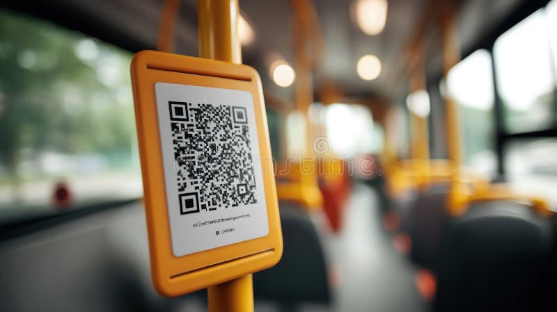 A Bright Qr Code Reader Mounted on a Pole Inside a Bus, Ready To Scan ...