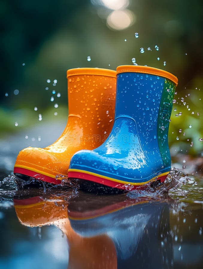 Bright Rain Boots Splashing in a Puddle Outdoors. Stock Image - Image ...