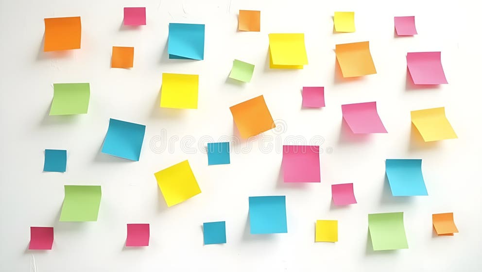 A Bright Rainbow of Sticky Notes Stuck Randomly on a Bright White Wall ...