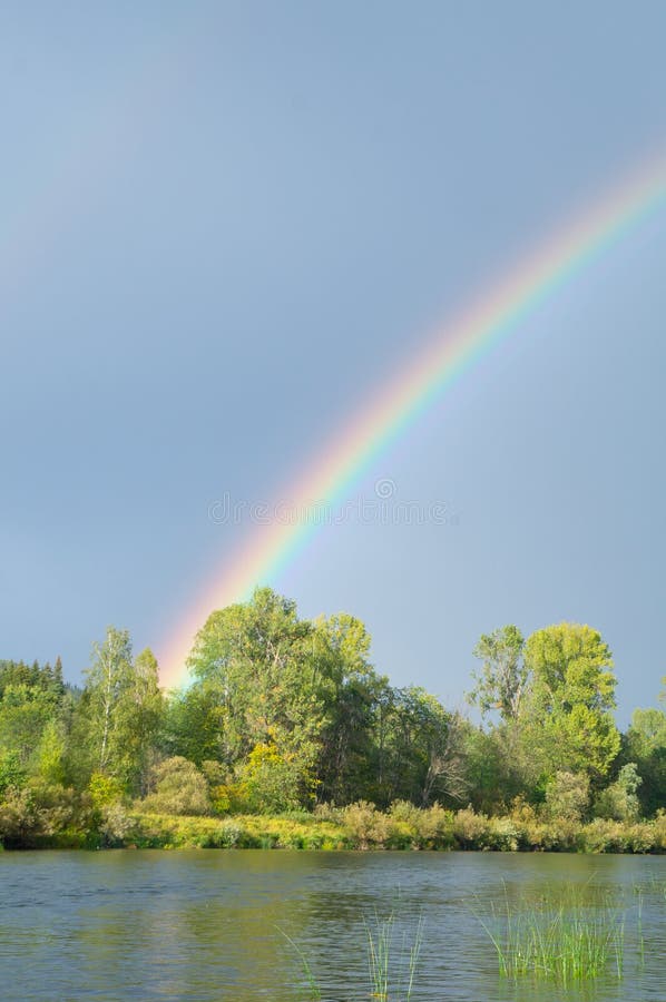 Bright Rainbow among the Trees on the River Bank on Summer Evening ...