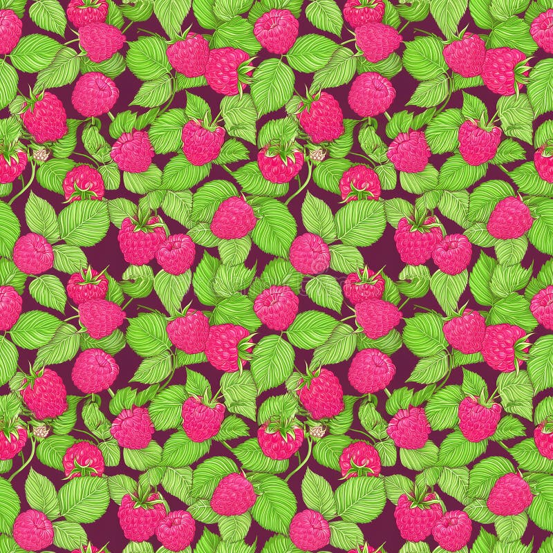 Bright Raspberry Pattern with Lush Fruit and Green Leaves Stock ...