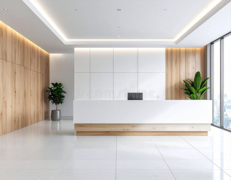 A Bright Reception Area Features a Clean White Desk and Wood Panel ...