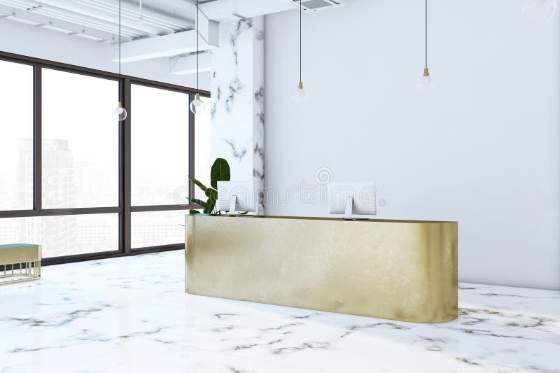 Bright Reception with a Sleek Golden Desk and Marble Backdrop, Modern ...
