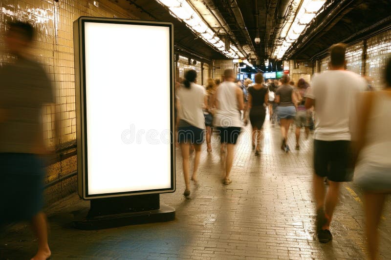 Bright Rectangular Billboard in Busy Subway Station with Unrecognizable ...