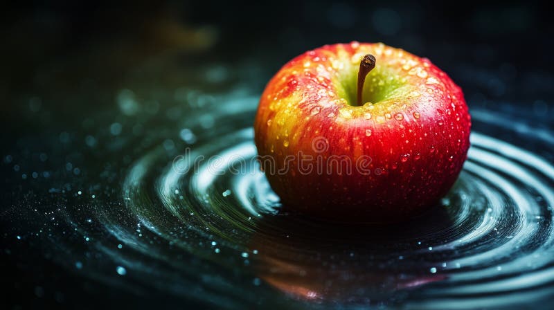 A Bright Red Apple Rests on the Water, Creating Gentle Waves that ...