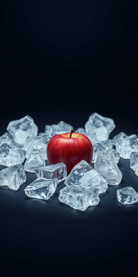 Bright Red Apple Surrounded by Crushed Ice on a Dark Background Creates ...