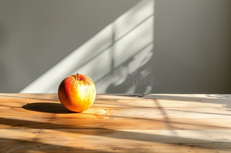 Bright Red Apple on Wooden Table with Shadow Stock Illustration ...