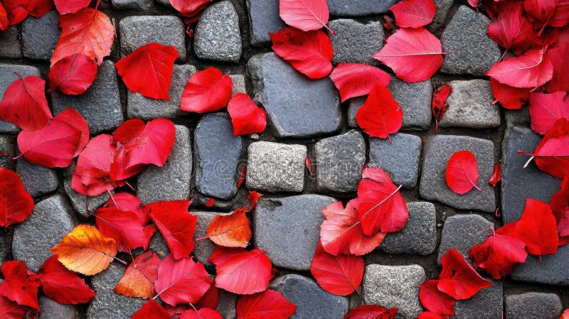 Bright Red Autumn Leaves Scattered Across a Cobblestone Pathway in the ...