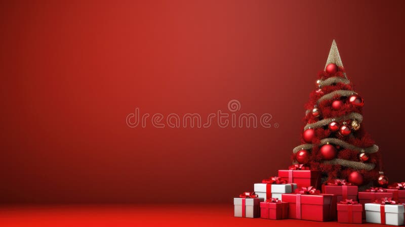 A Bright Red Background with a Small Christmas Tree and a Few Gift ...