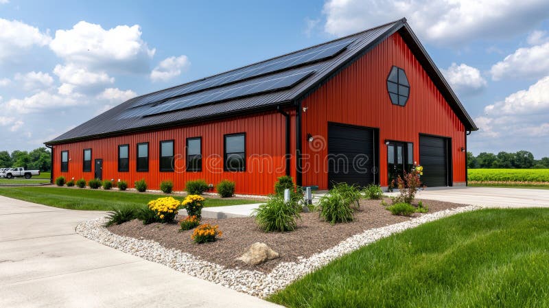 A Bright Red Barn with Large Windows, Surrounded by a Landscaped Yard ...