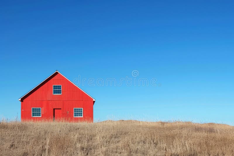 Bright Red Barn Standing on a Hill Under Blue Sky Stock Photo - Image ...