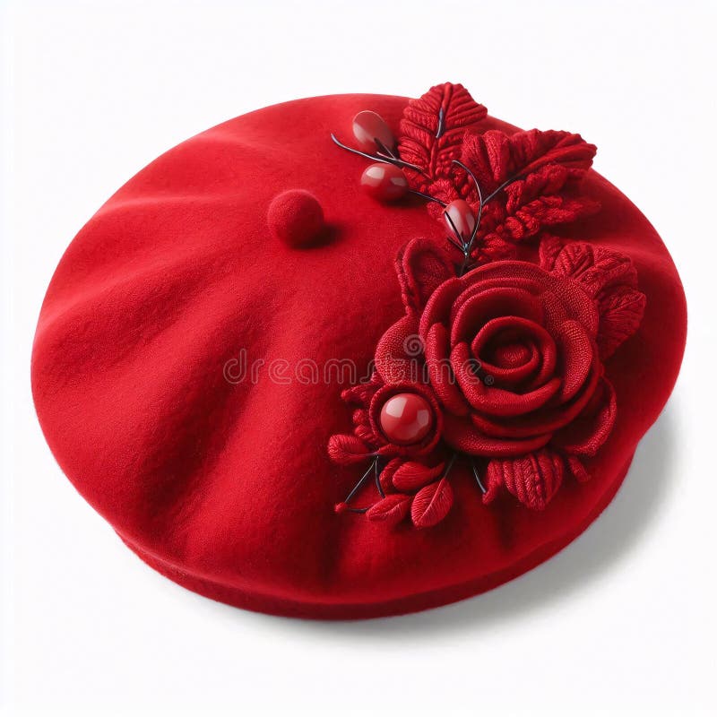 A Bright Red Beret with a Large 3D Rose and Leaf Decoration Stock ...
