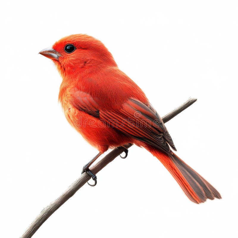 Bright Red Bird Perched on Slender Branch Against White Background ...