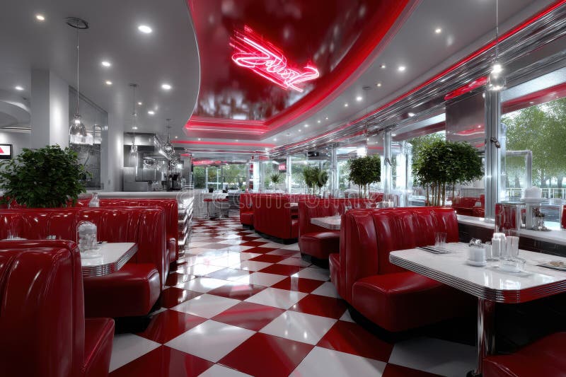 Classic Diner Interior with Bright Red Booths and Checkerboard Flooring ...
