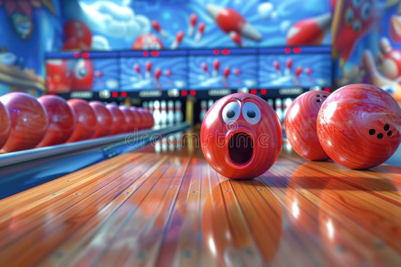 A Bright Red Bowling Ball with a Surprised Facial Expression Stock ...